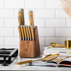 Gold Knife Set with Walnut Knife Block