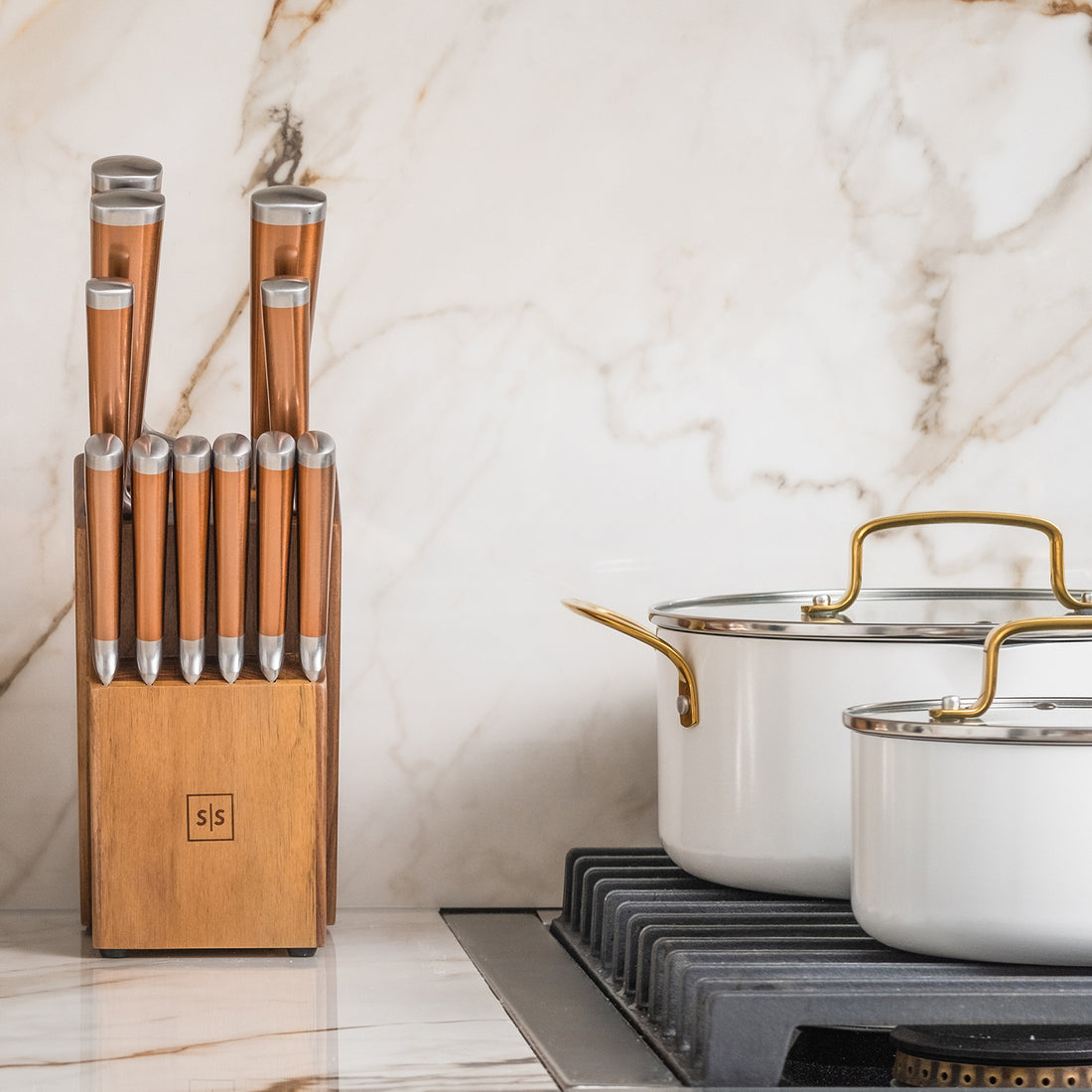 Copper Knife Set with Walnut Knife Block