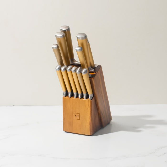Gold Knife Set with Walnut Knife Block