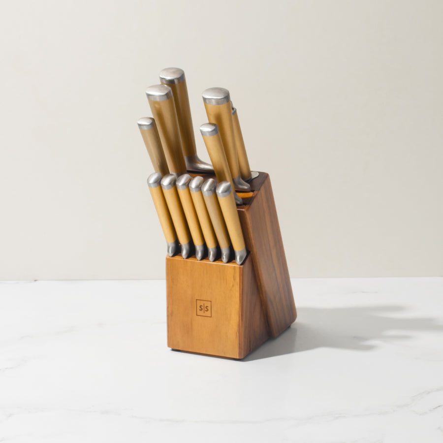 Gold Knife Set with Walnut Knife Block