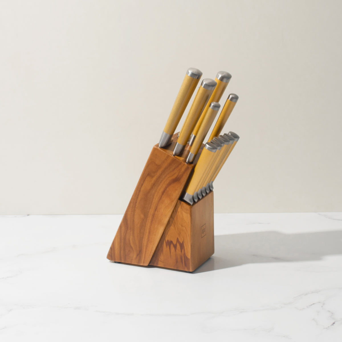 Gold Knife Set with Walnut Knife Block