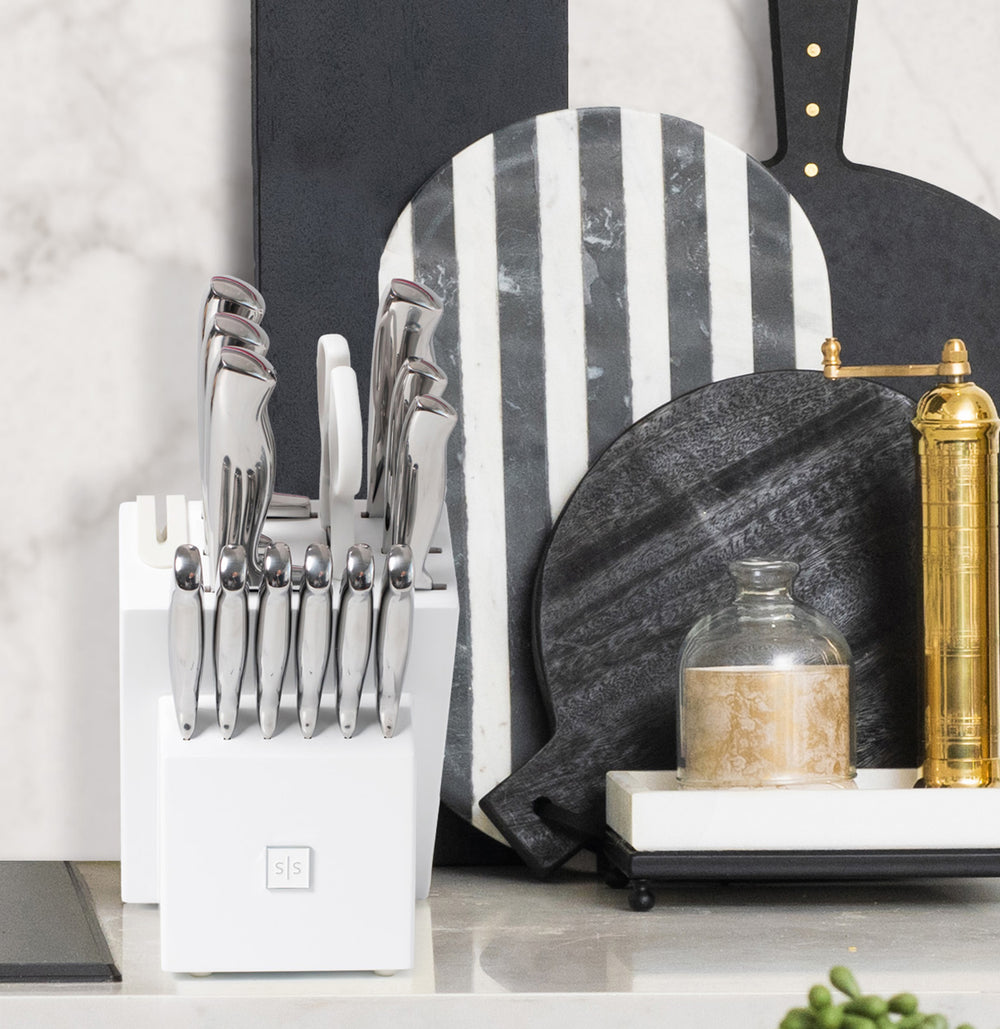Silver Knife Set with White Self-Sharpening Block