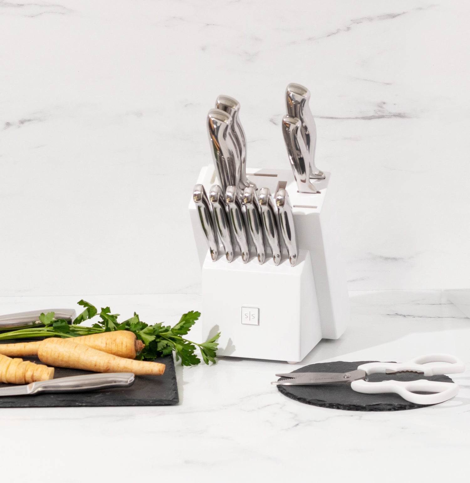 Silver Knife Set with White Self-Sharpening Block