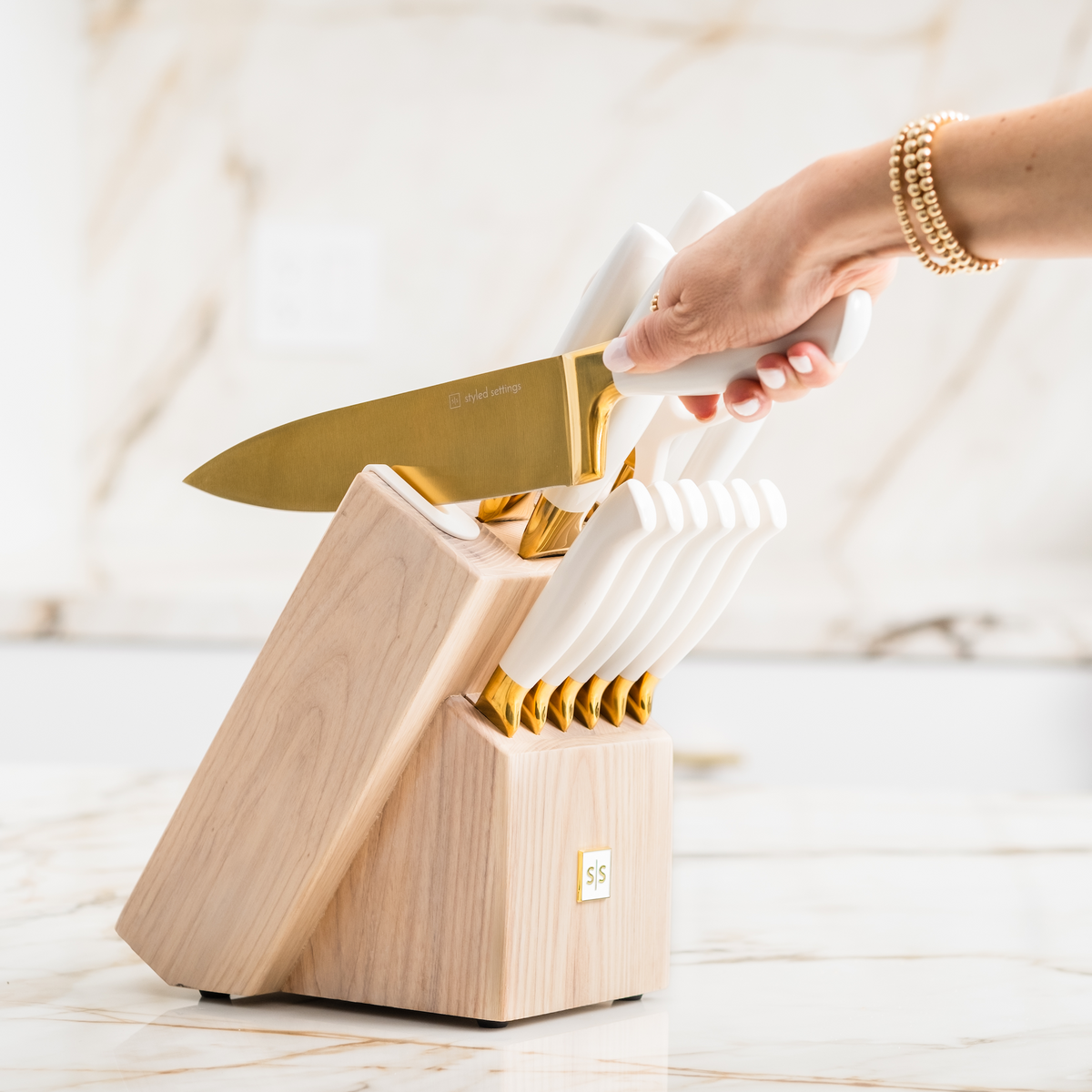 White and Gold Knife Set with Ashwood Self-Sharpening Block