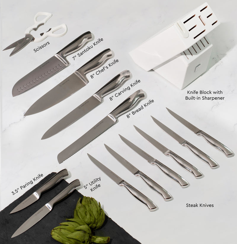 Silver Knife Set with White Self-Sharpening Block