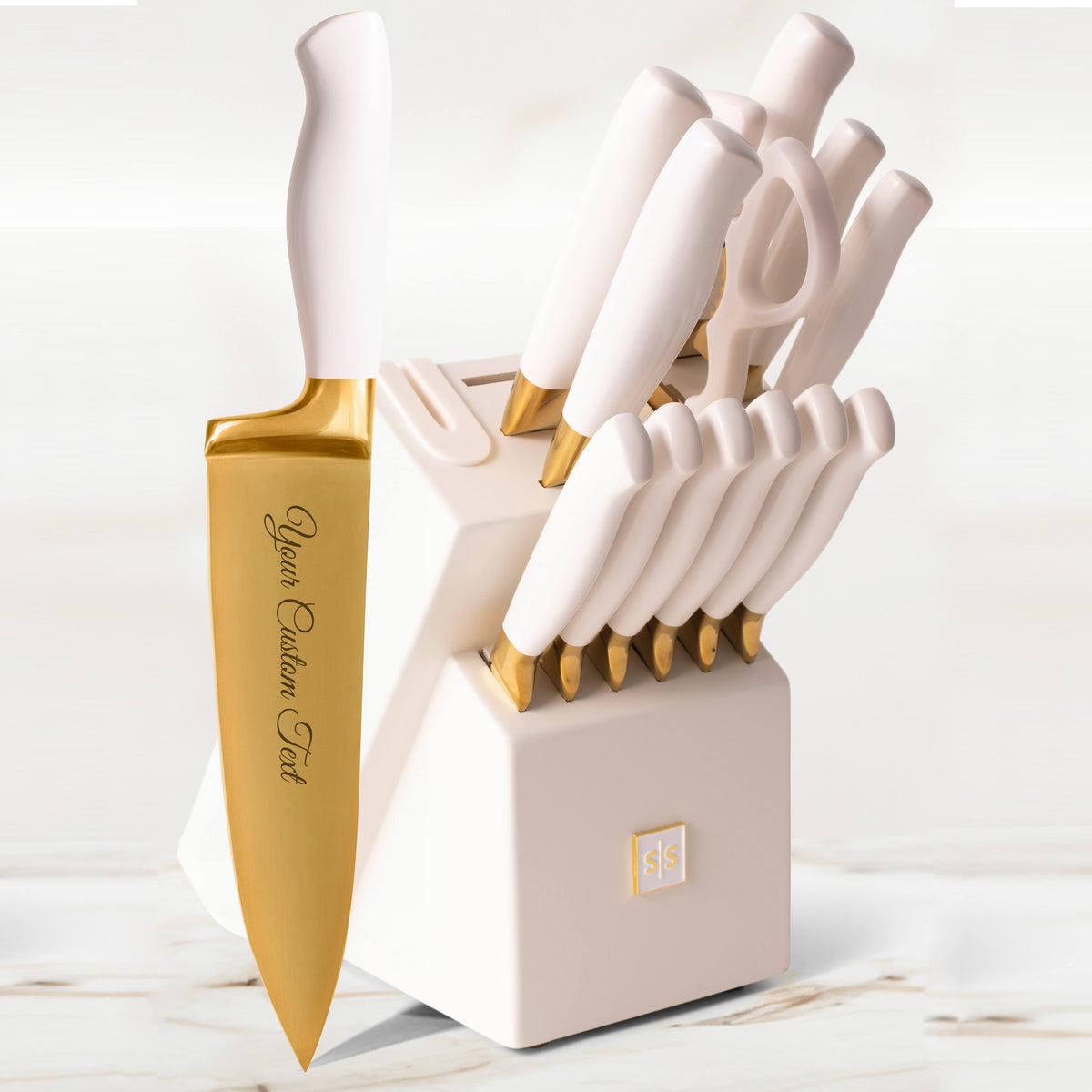 Personalized White and Gold Knife Set with White Self-Sharpening Block