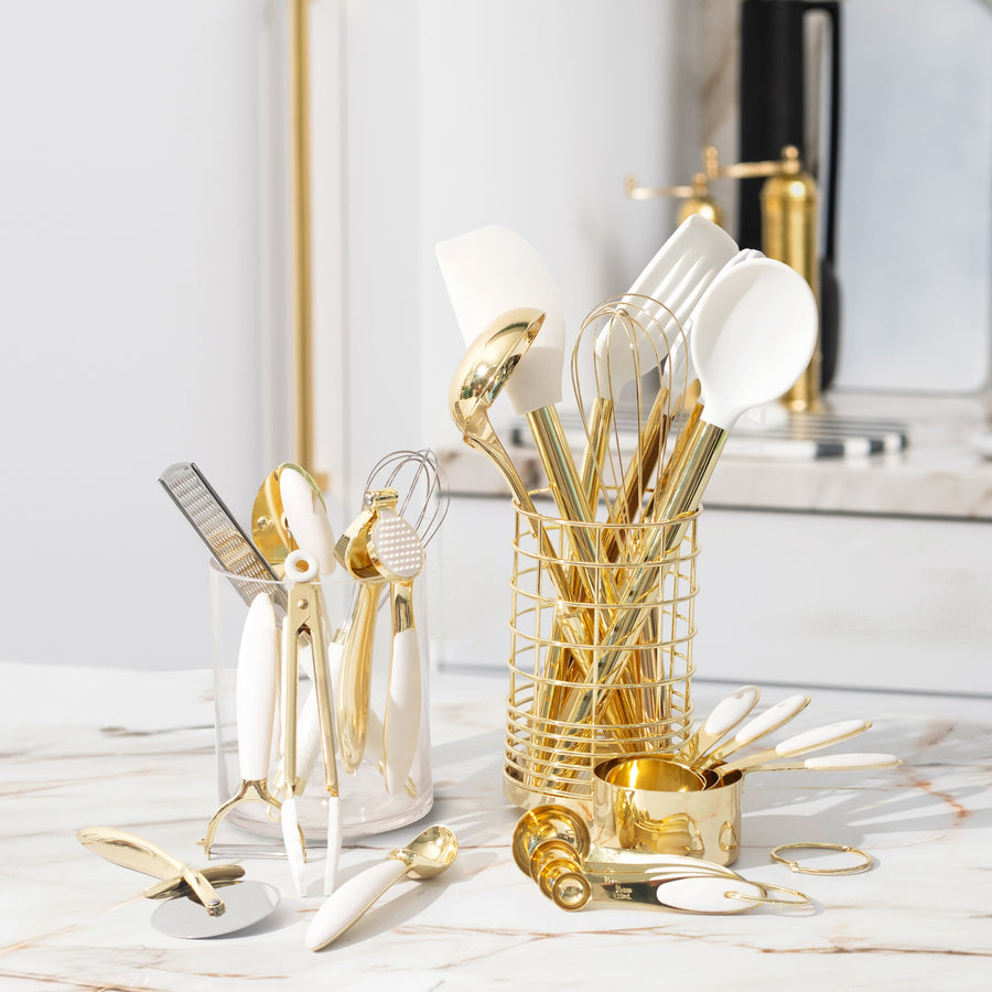 White and Light Gold Complete Kitchen Utensils Set